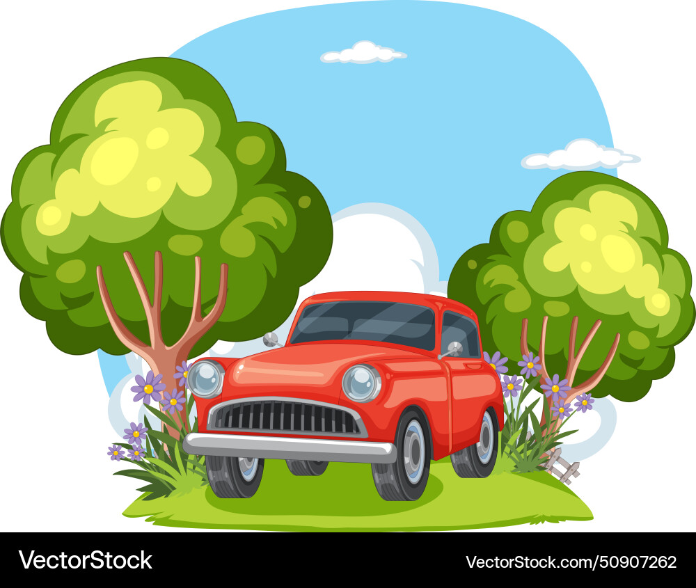Red classic car parked among lush green trees Vector Image
