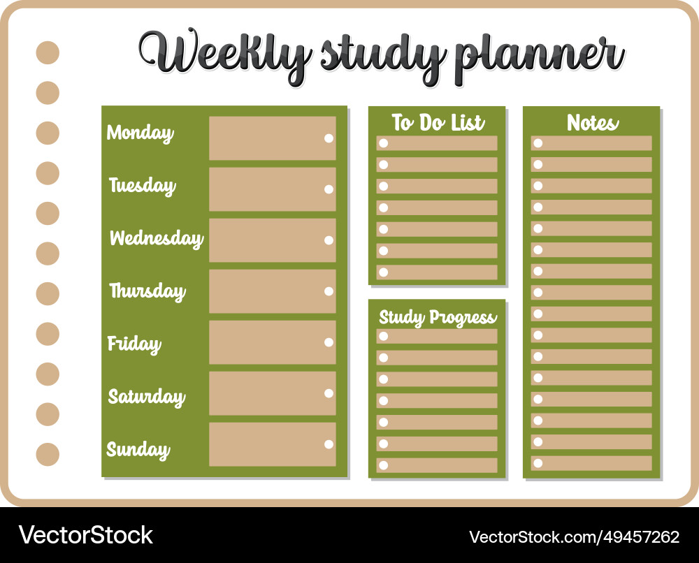 Weekly study plan monday to friday schedule Vector Image