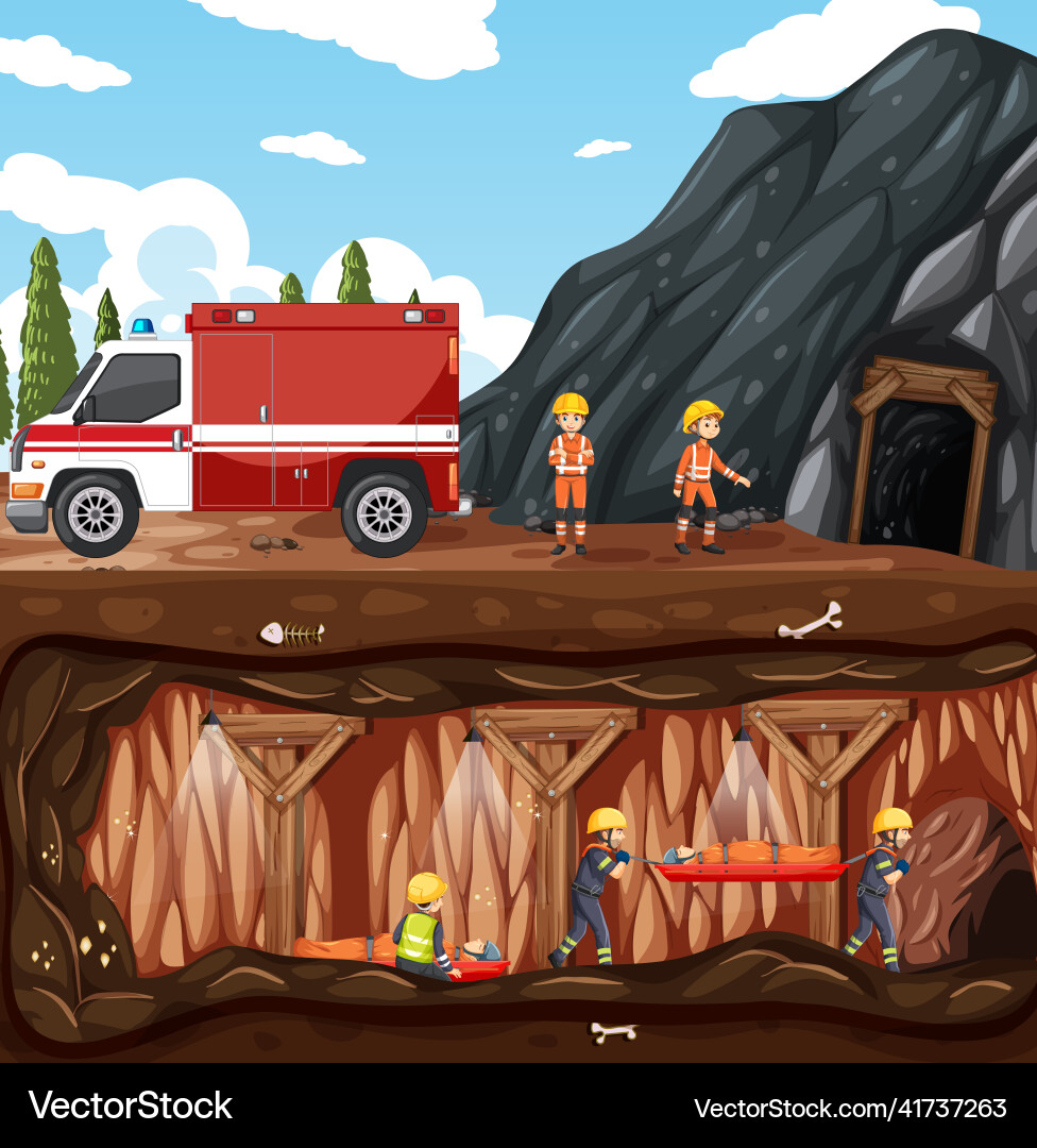 Underground scene with firerman rescue in cartoon Vector Image