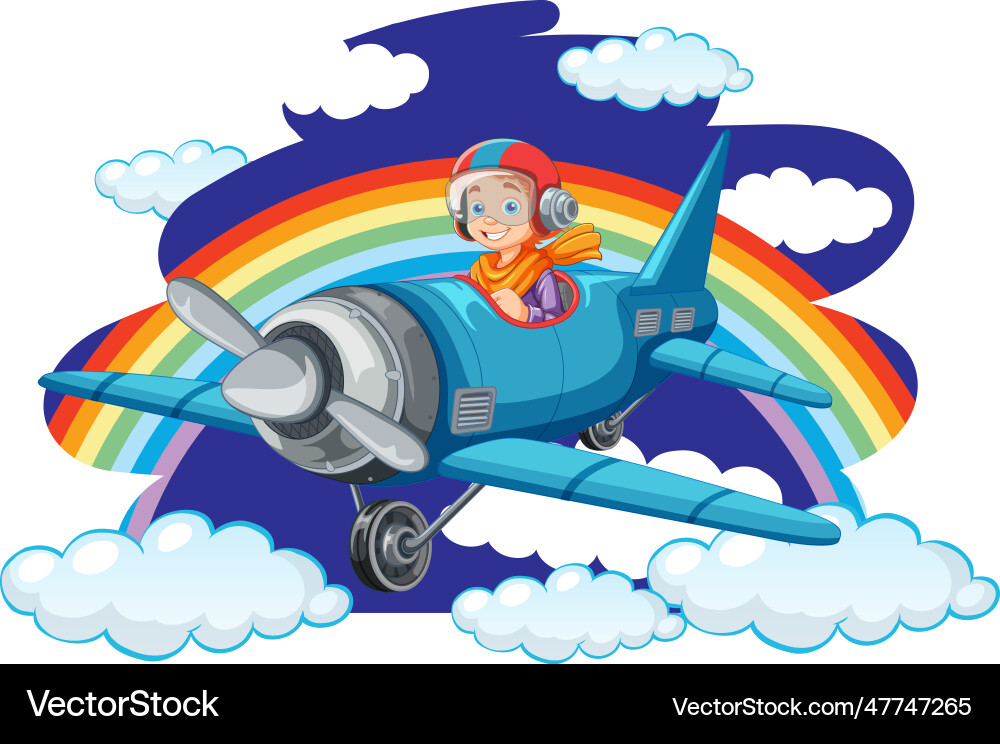 Happy boy riding plane with rainbow in the sky Vector Image