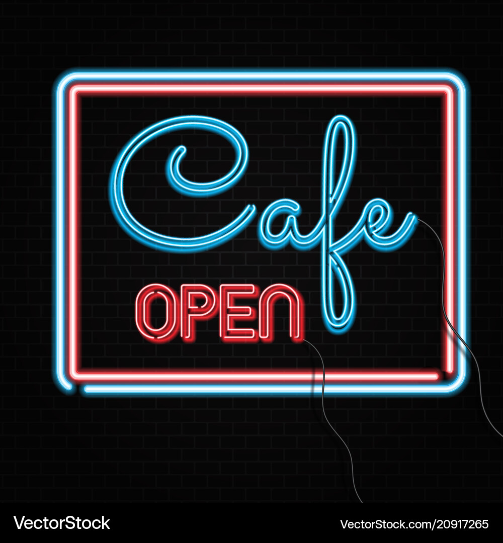 Neon cafe open sign on brick wall Royalty Free Vector Image