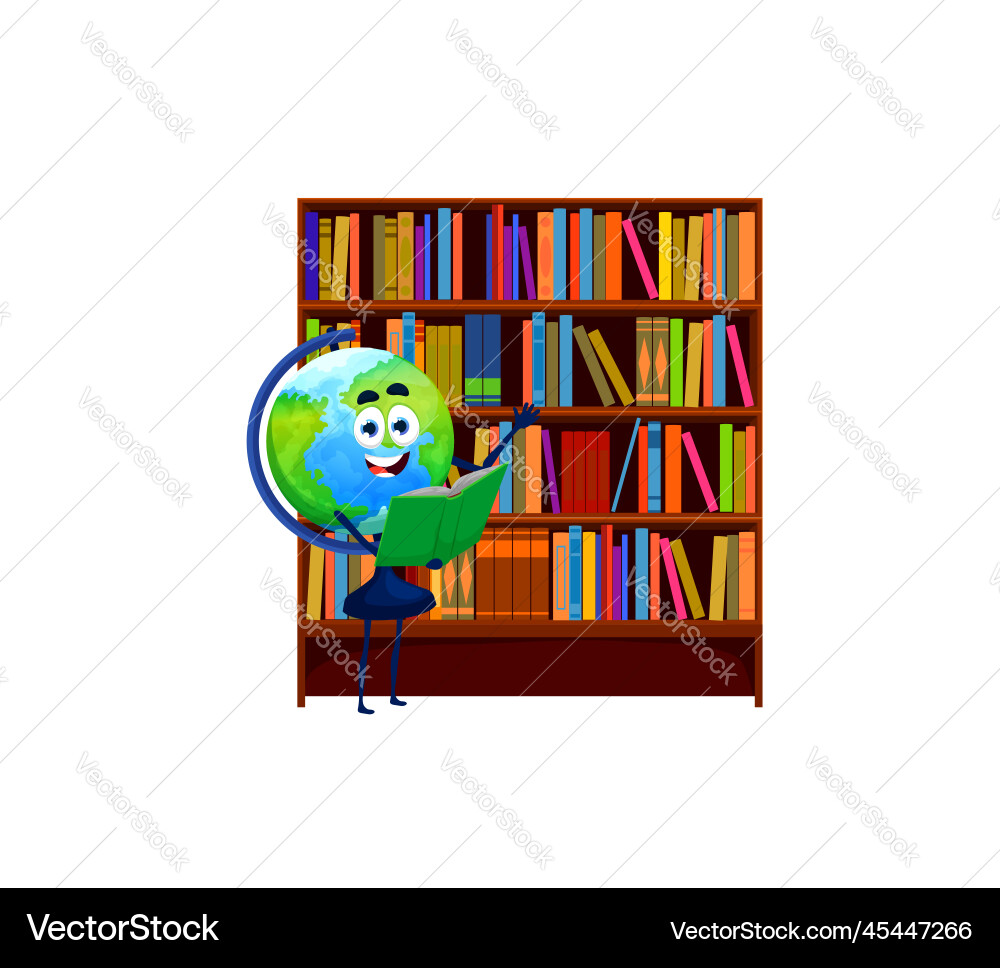 Cartoon globe funny character with book in library