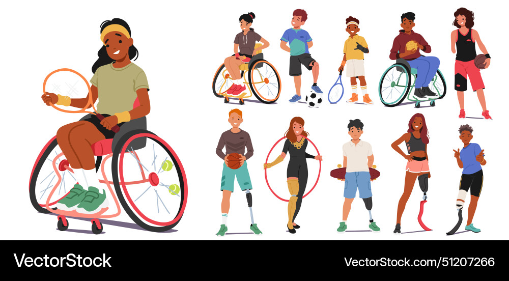 Diverse young athletes with disabilities engaging Vector Image