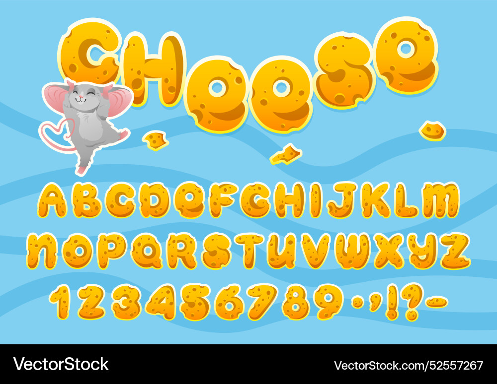 Cartoon bubble alphabet yellow cheese font Vector Image