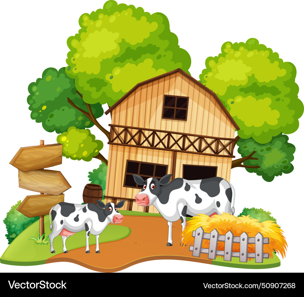 Cows near a barn with trees and haystack Vector Image