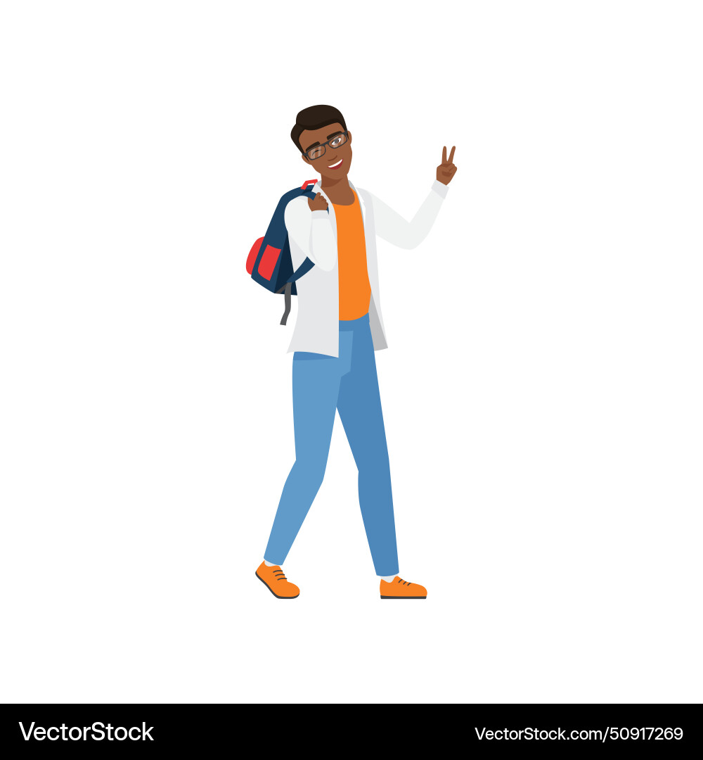 Happy student character with victory fingers Vector Image