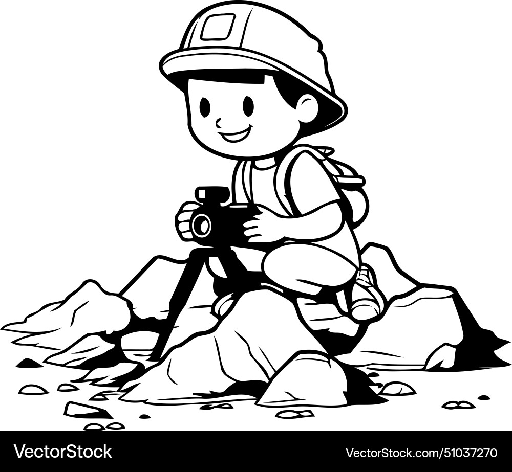 Boy with a camera on the rocks in cartoon style Vector Image