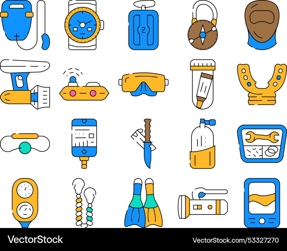 Diving equipment and accessories icons set Vector Image