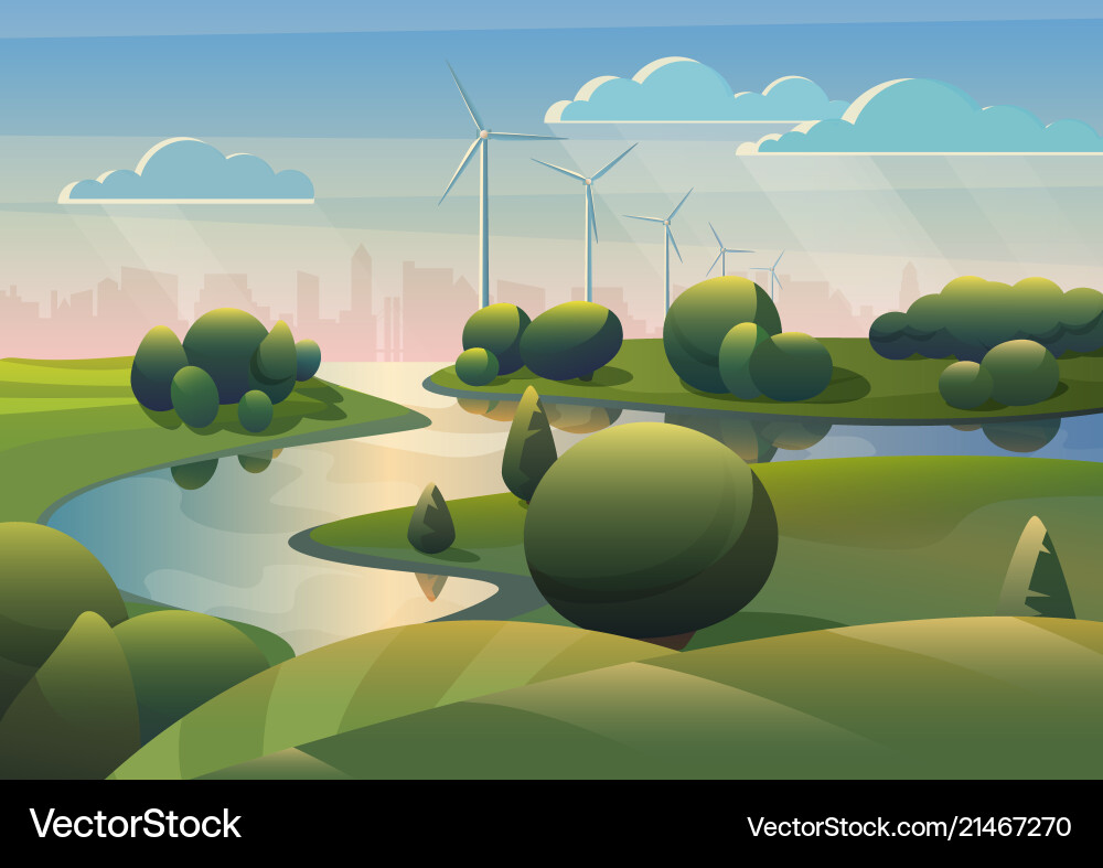 Green lands field landscape with river wind Vector Image