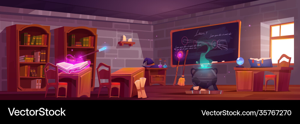 Magic school classroom interior with wooden desks Vector Image