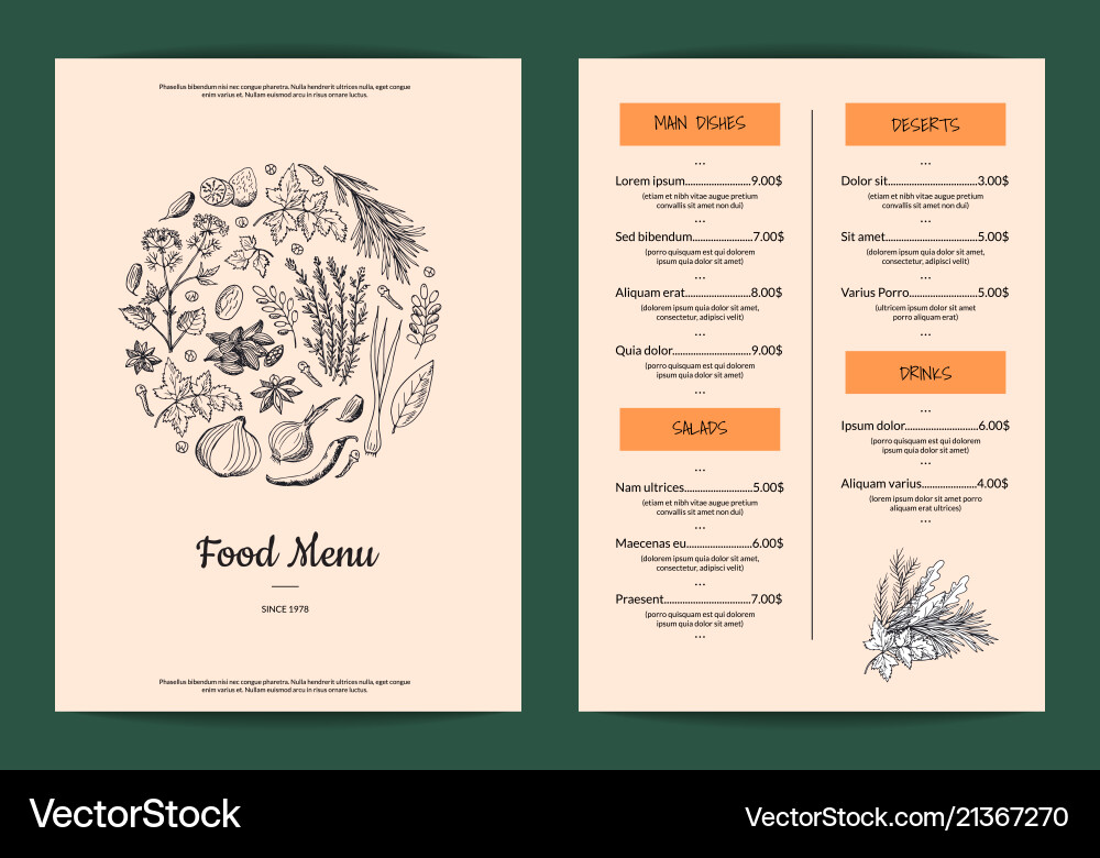 Restaurant or cafe menu with hand drawn Royalty Free Vector