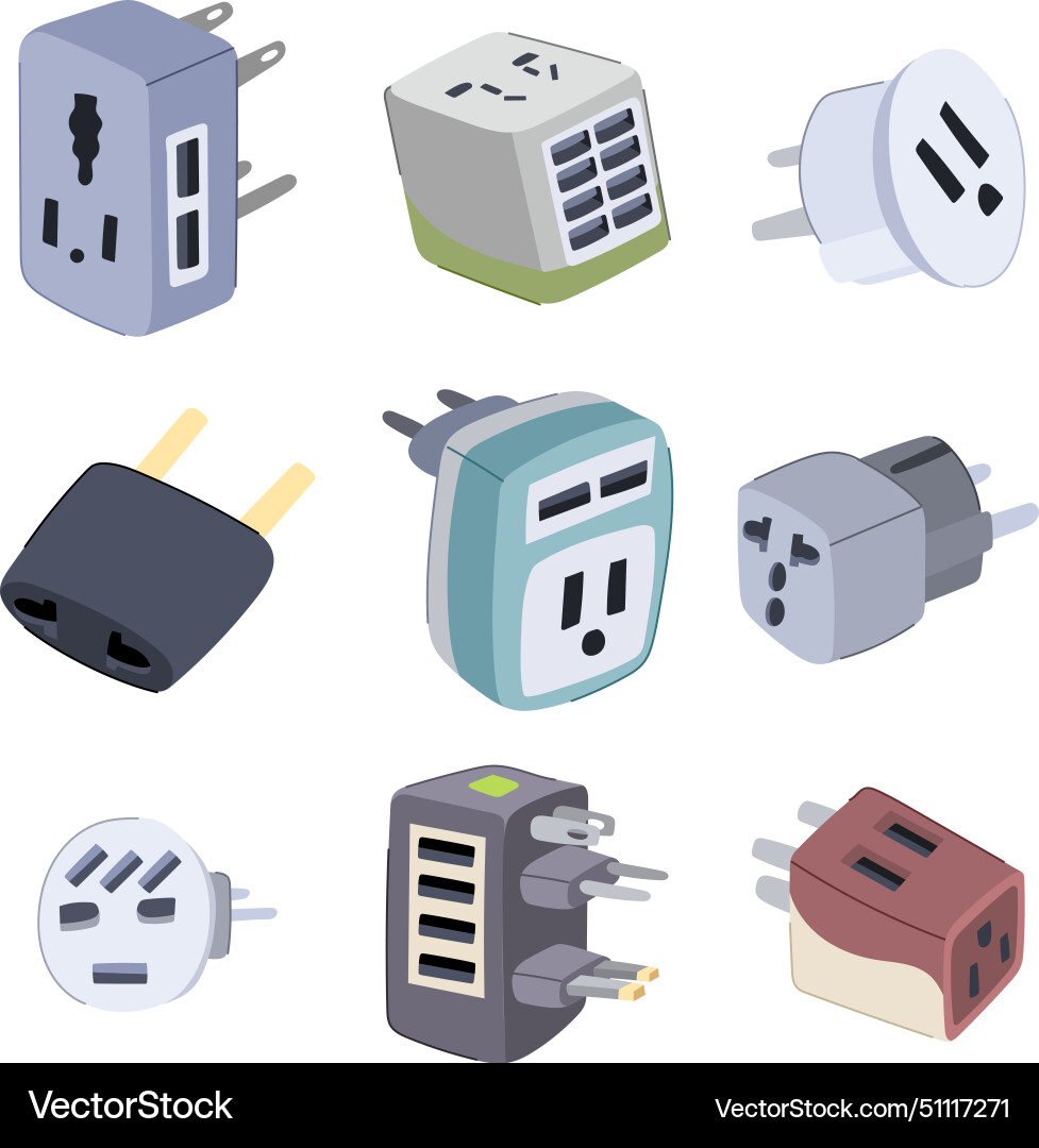 Travel adapter set cartoon Royalty Free Vector Image