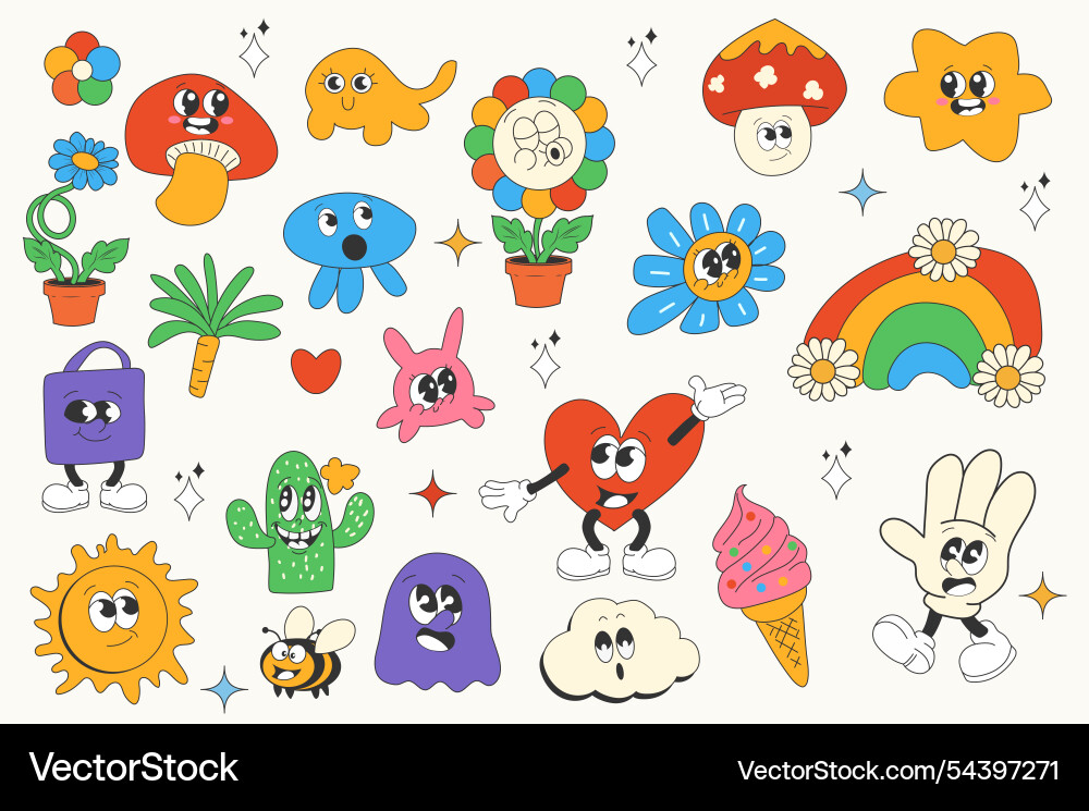 Vintage groovy set elements in flat graphic design