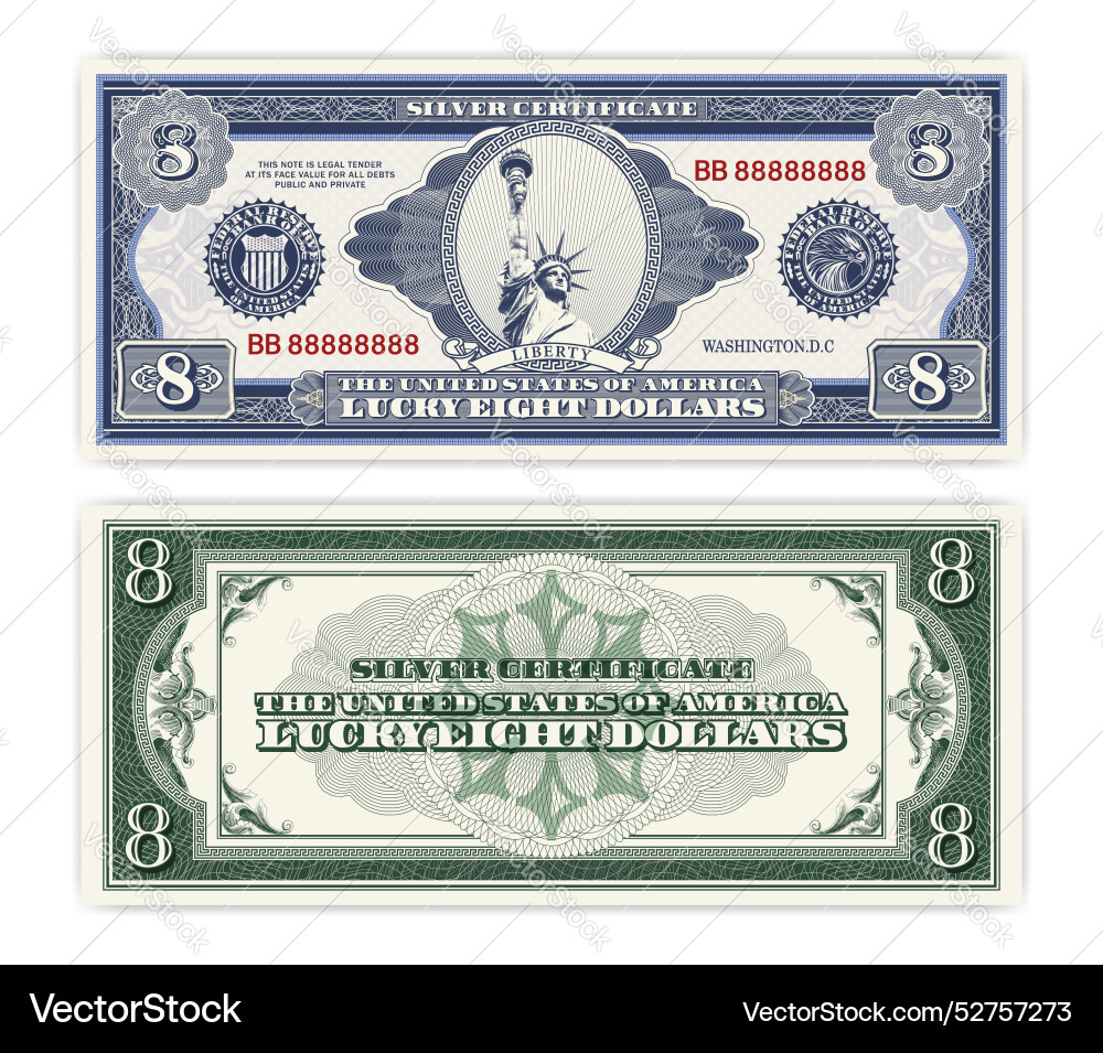 Blue banknote silver lucky 8 dollars Royalty Free Vector