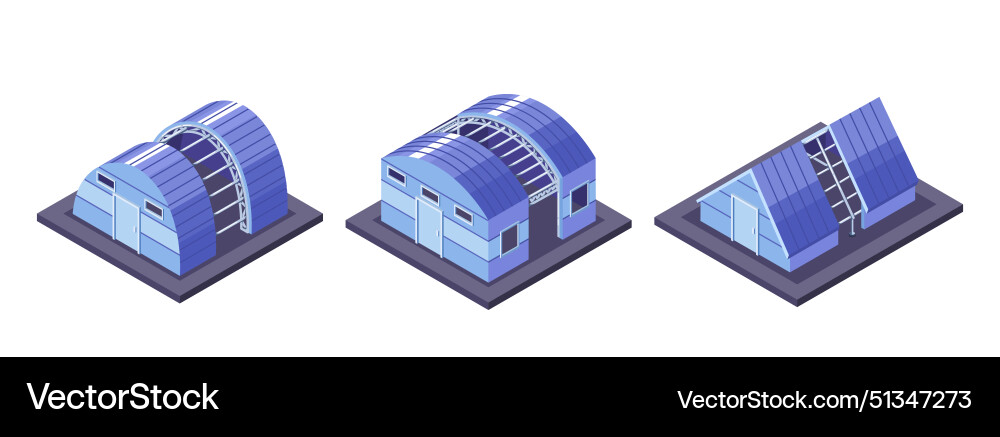 Three isometric industrial construction structures