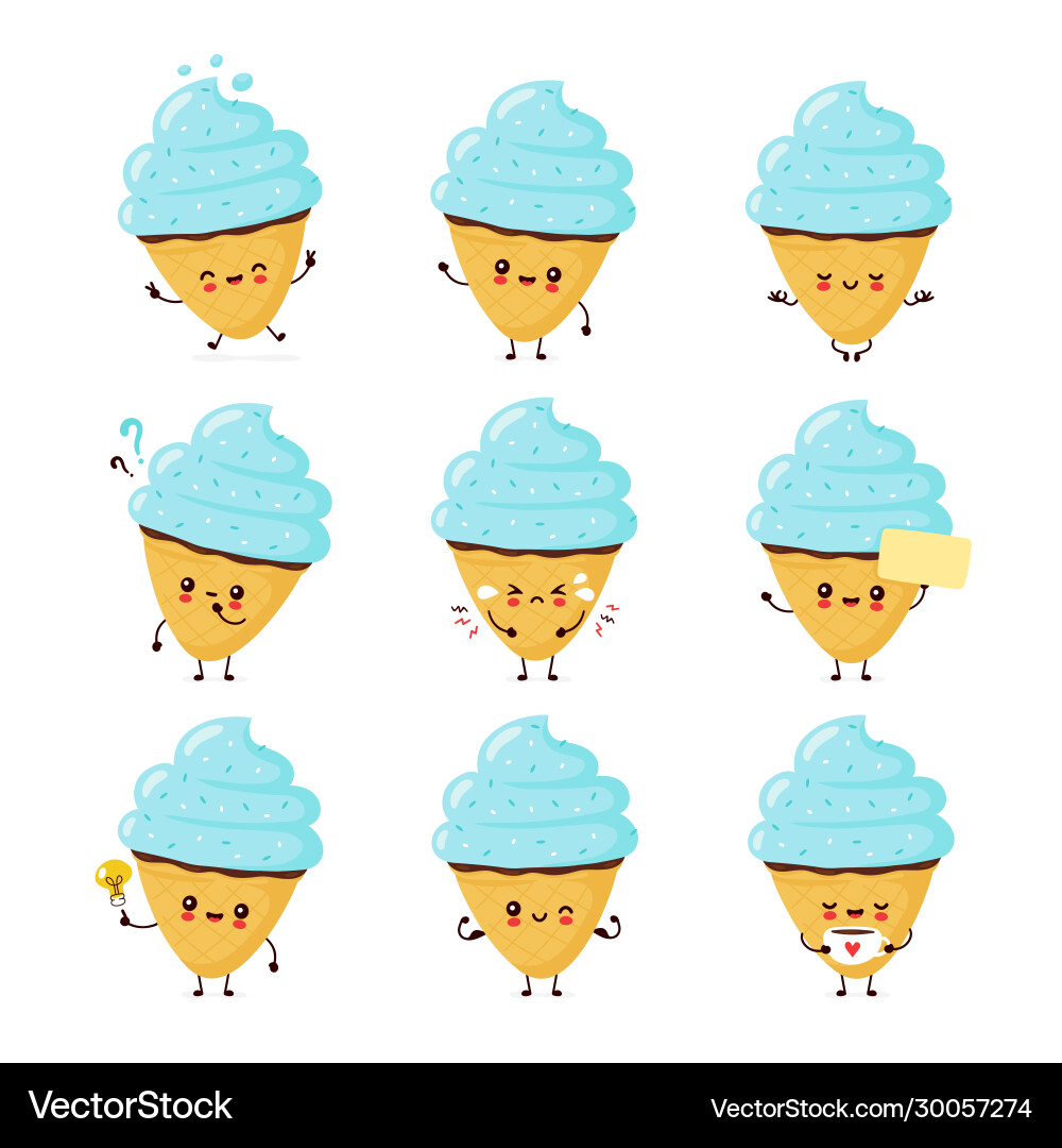 Cute happy smiling ice cream cone set collection Vector Image