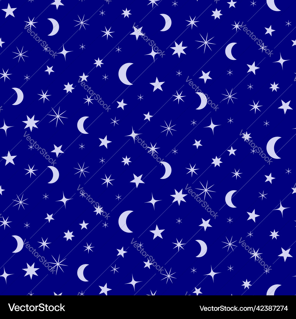 Moon and stars seamless pattern on blue background