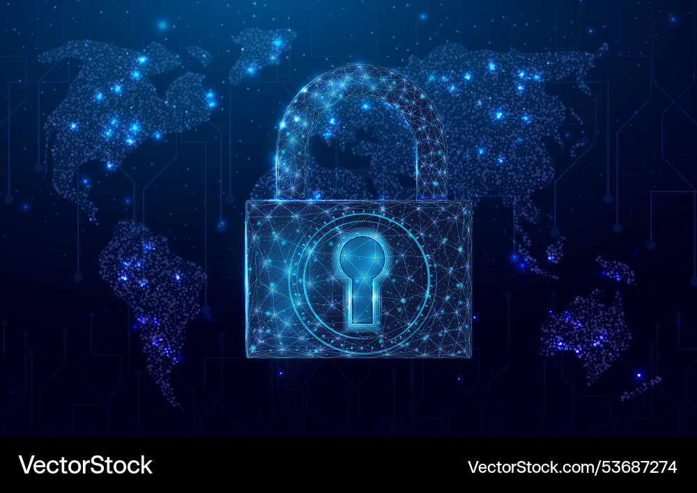 Wireframe polygonal lock with globe map cyber Vector Image