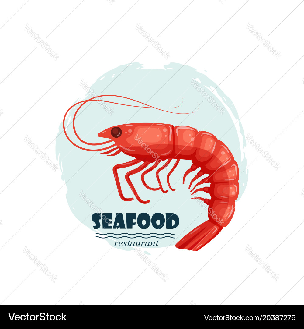 Red shrimp seafood restaurant label with splash Vector Image