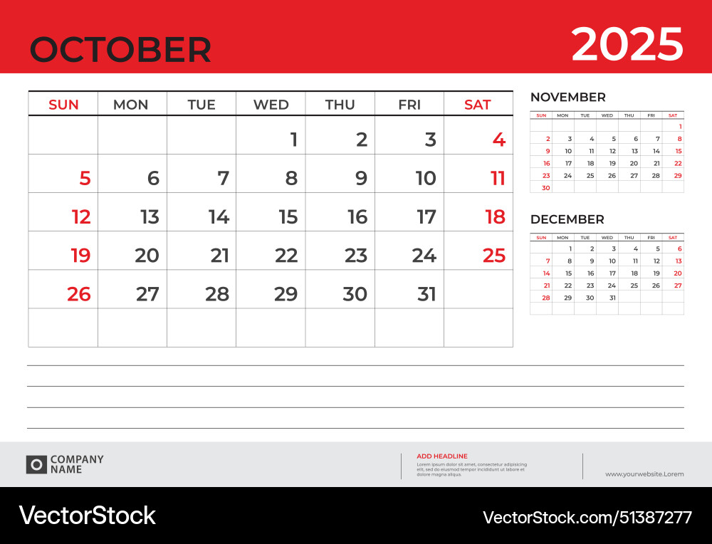Desk calendar 2025 design october template Vector Image