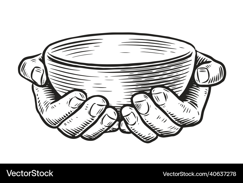Hands Holding Empty Bowl - Vintage Sketch Vector Image