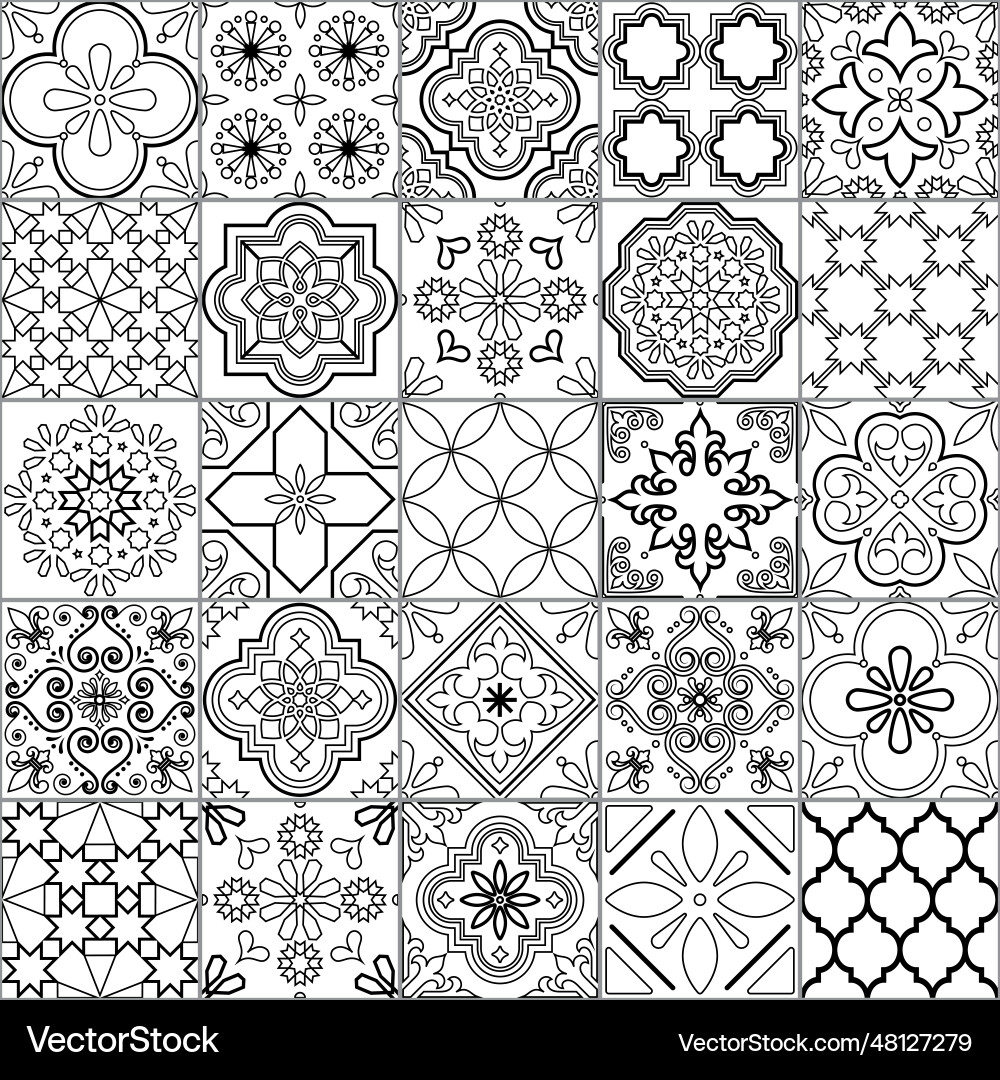 Azulejo tiles seamless pattern set line art Vector Image