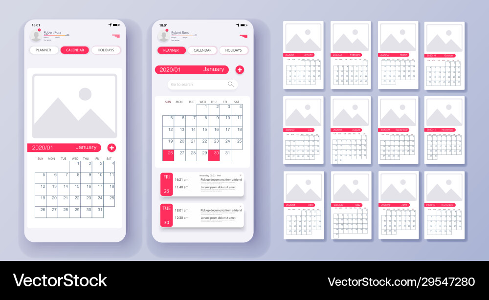 Different ui ux gui screens calendar app Vector Image