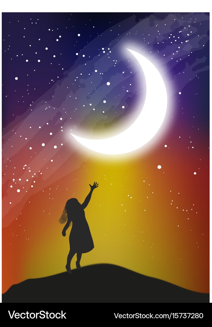 Girl touching the moon on sky Royalty Free Vector Image
