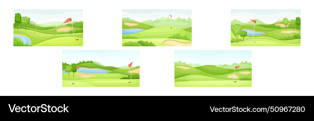 Green golf courses with hole and red flag pole Vector Image