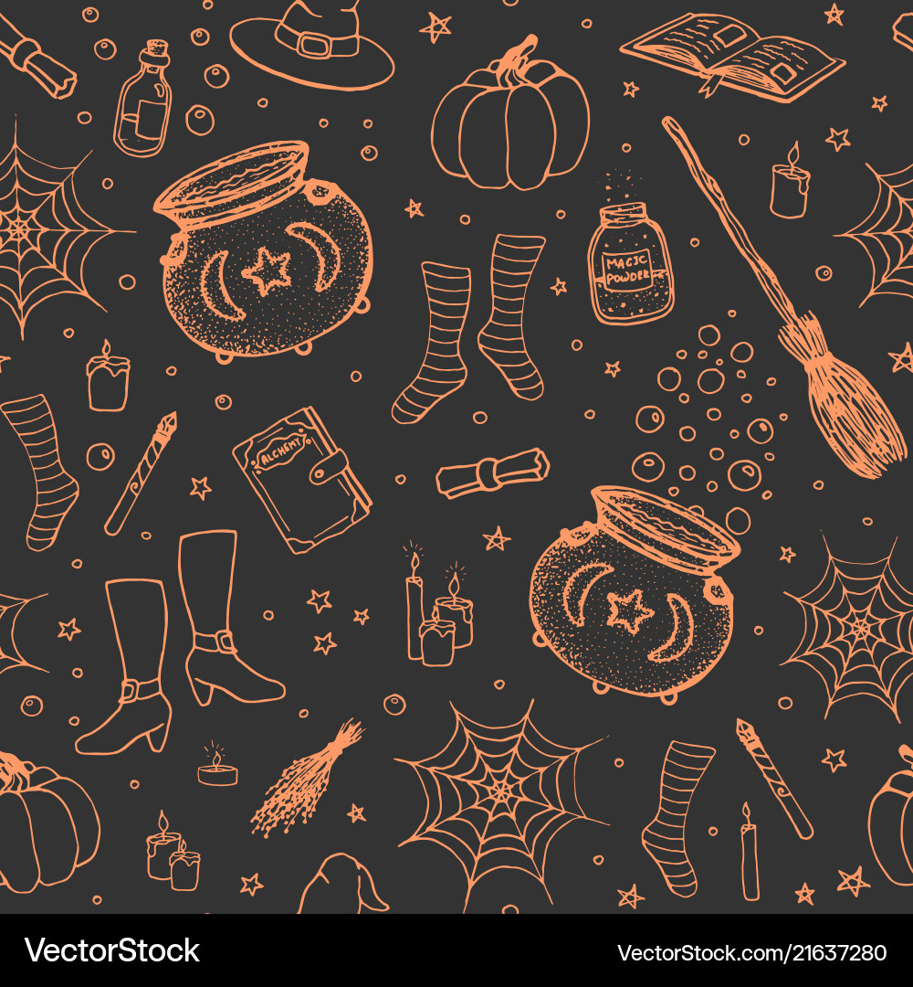 Halloween pattern with drawn pumpkin witch hat Vector Image