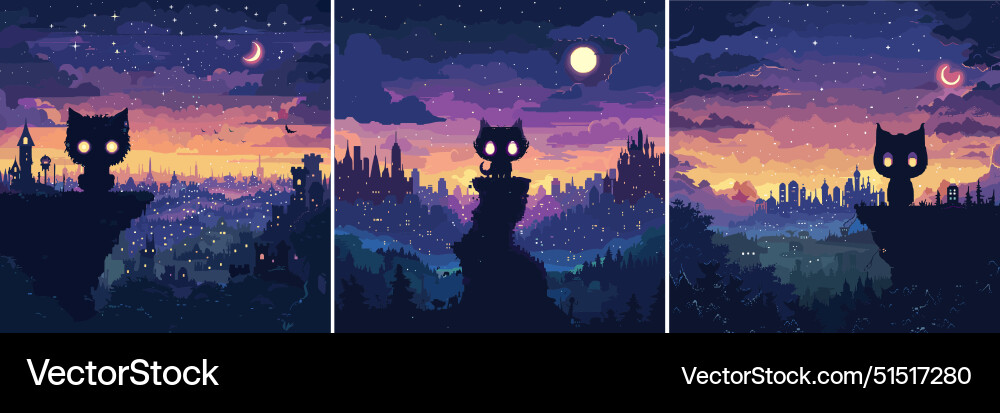 Monster cat character pixel art scene Royalty Free Vector