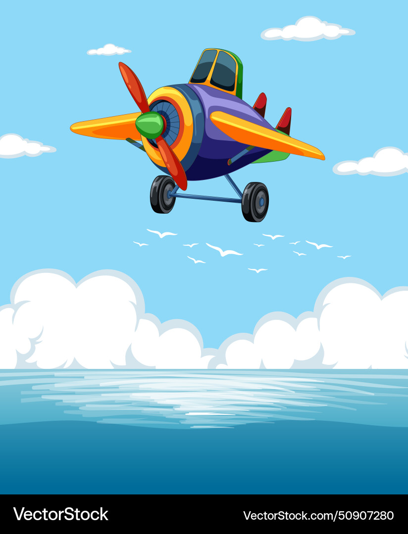 Vibrant aircraft flying above serene blue waters Vector Image