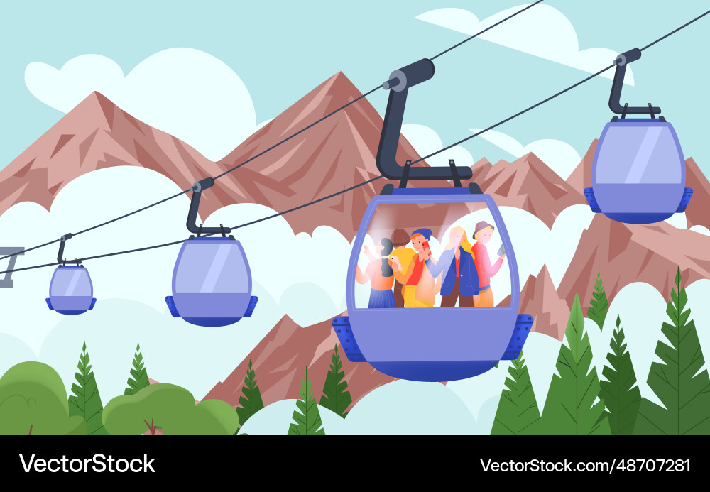 Flat colored landscape cableway composition Vector Image