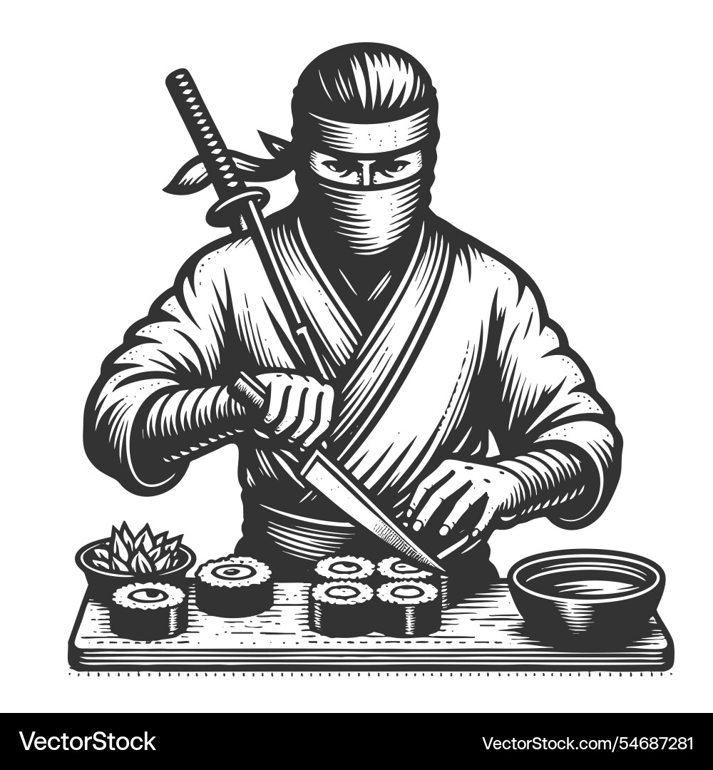 Ninja chef preparing sushi rolls engraving Vector Image