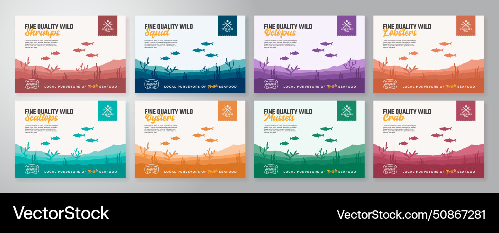 Seafood package label templates set colorful fish Vector Image