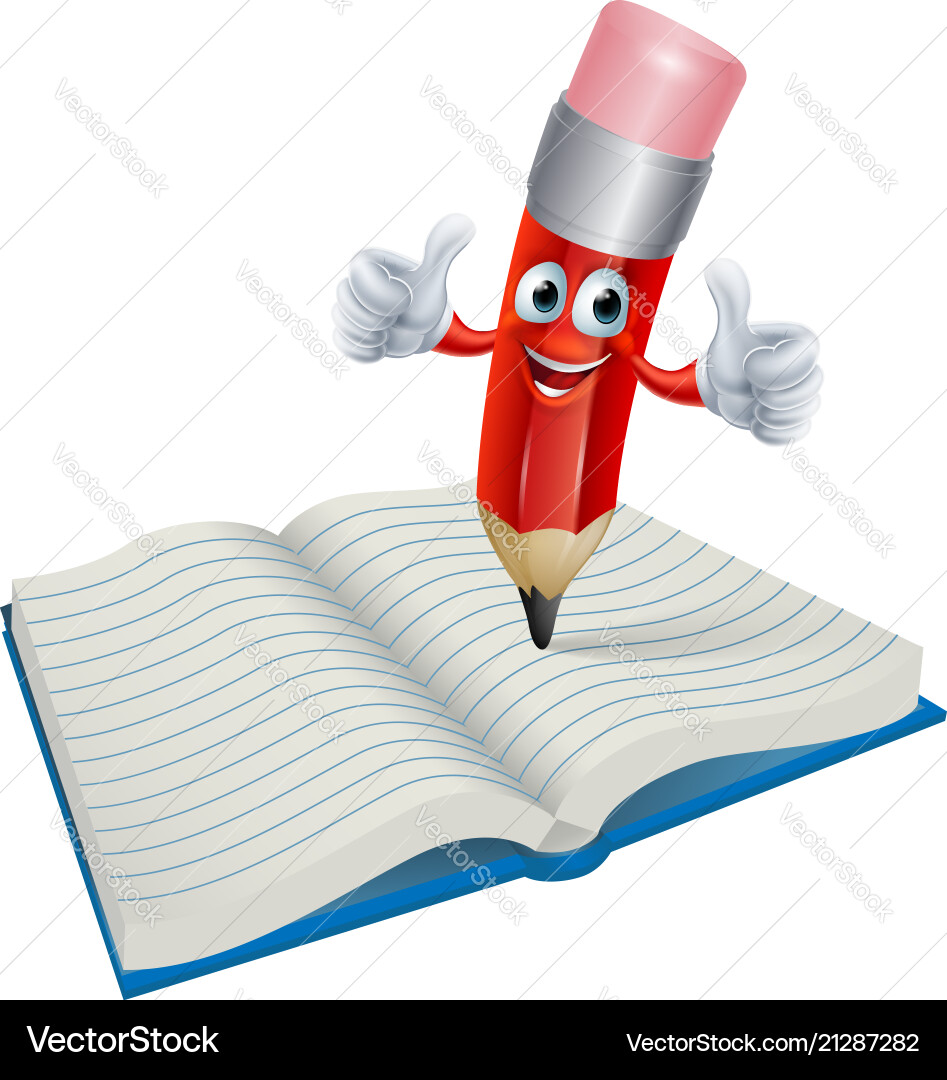 Cartoon pencil man writing in book Royalty Free Vector Image