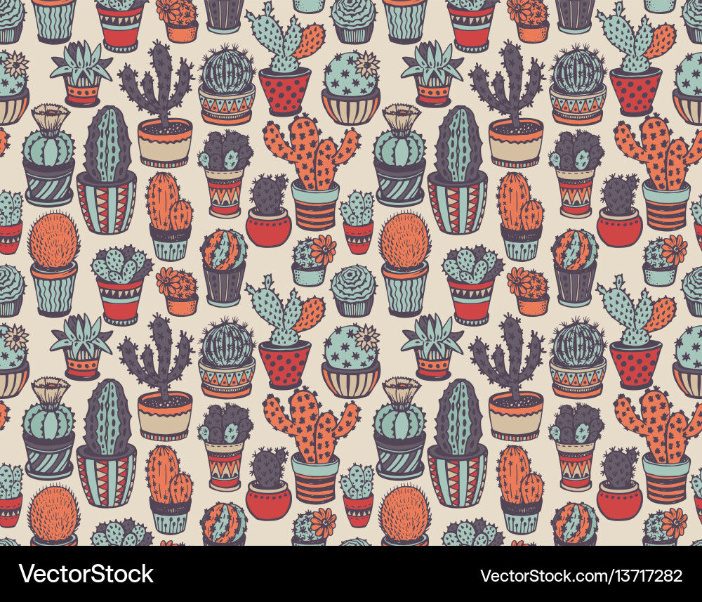 Hand-Drawn Cactus Pattern Royalty Free Vector Image