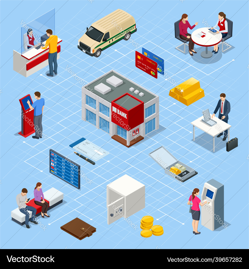 Isometricbank office employees and clients Vector Image