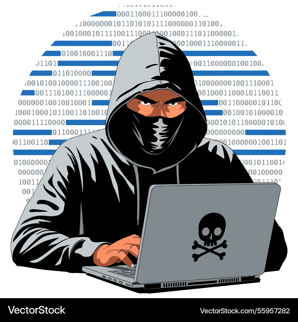 Masked hacker with laptop Royalty Free Vector Image