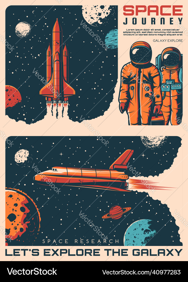 Galaxy explore astronauts and spaceship posters Vector Image