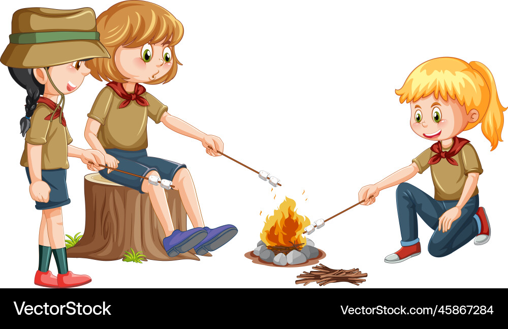 Camping kids roasting marshmallow on campfire Vector Image