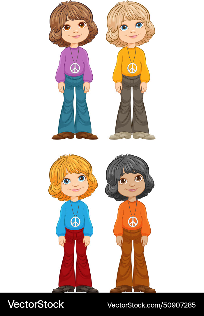 Four kids with peace symbols standing together Vector Image