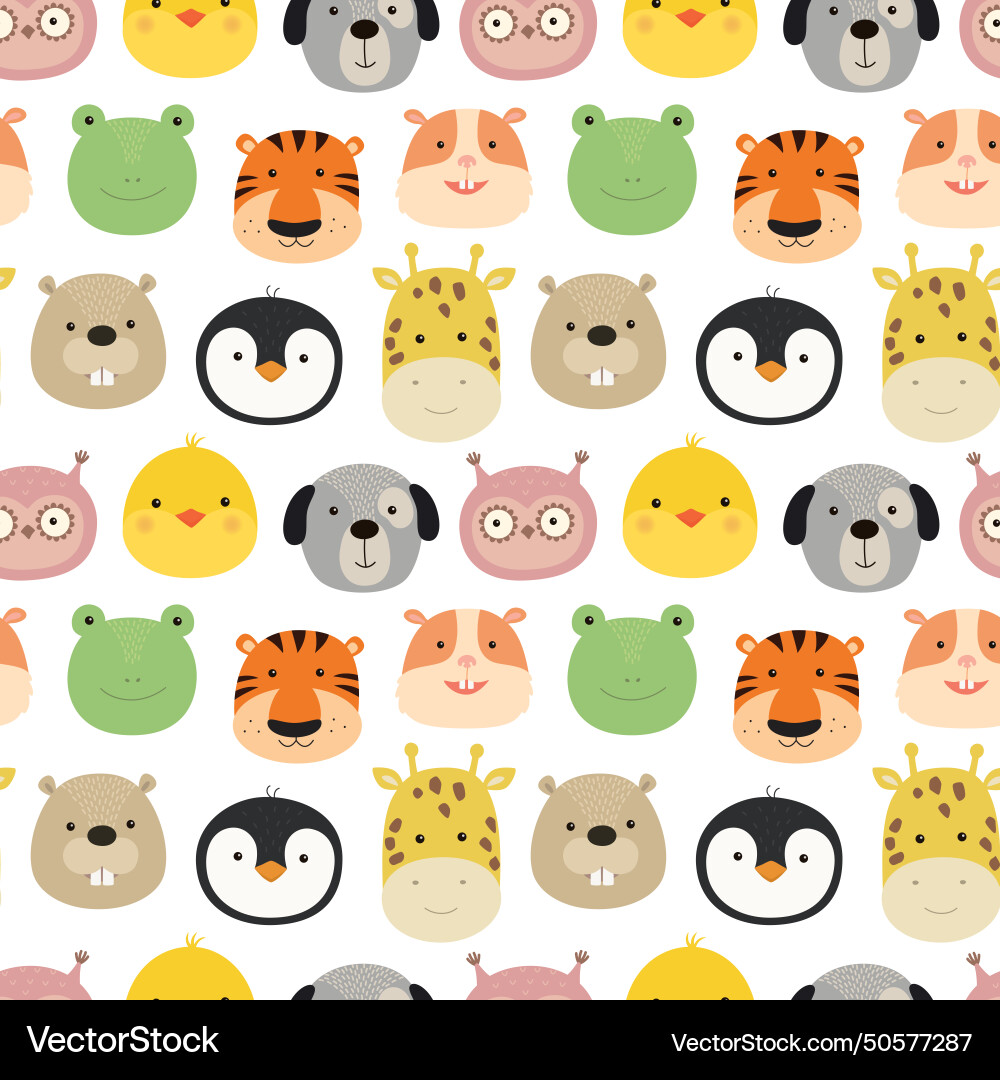 Seamless childish pattern with funny animals faces