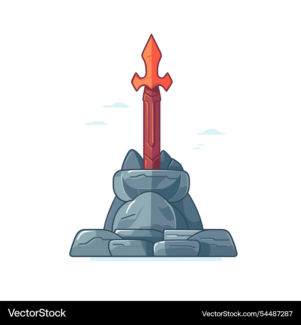 Sword embedded in stone on rocky pedestal under Vector Image