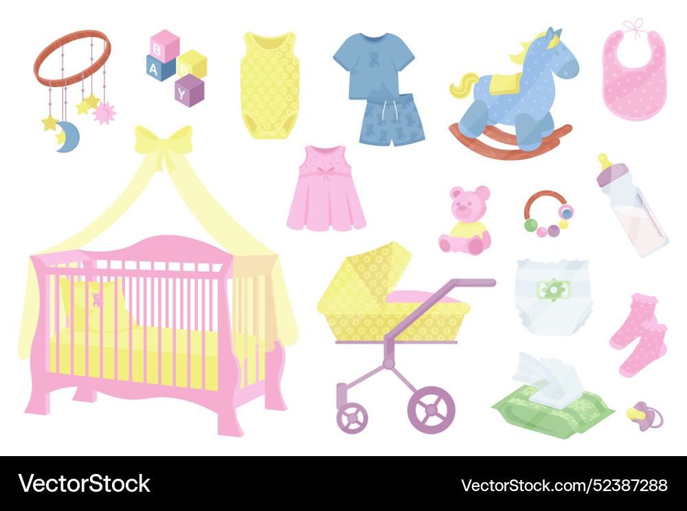 Baby care items mega set elements in flat cartoon Vector Image