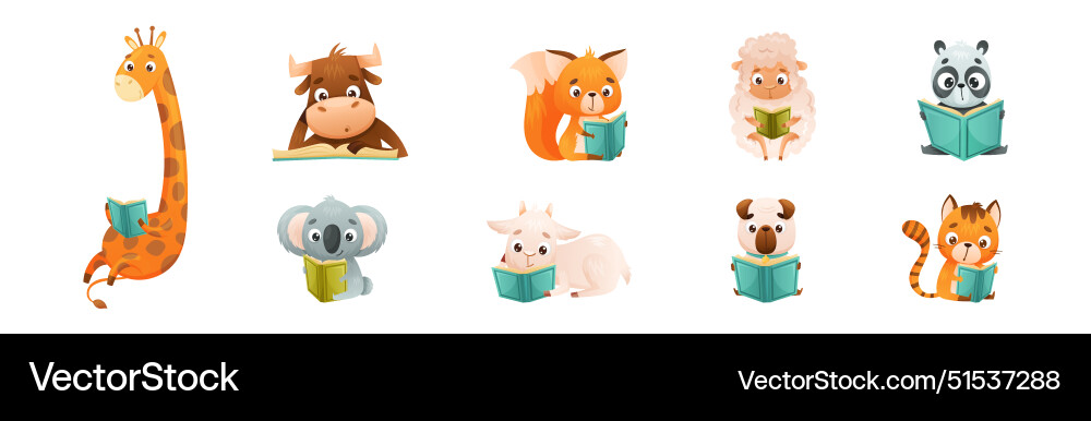Cute animal character reading book enjoying Vector Image