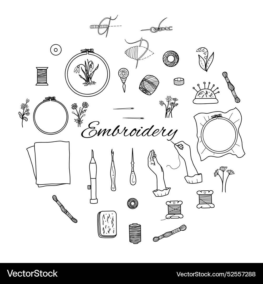 Embroidery set hand drawn Royalty Free Vector Image