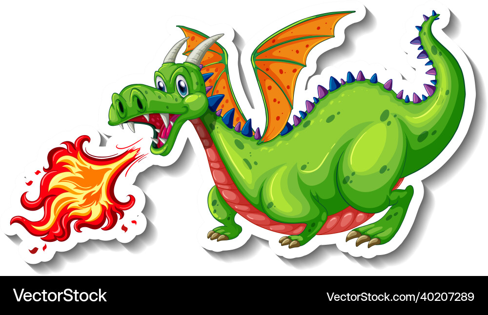Dragon blowing fire cartoon character sticker Vector Image