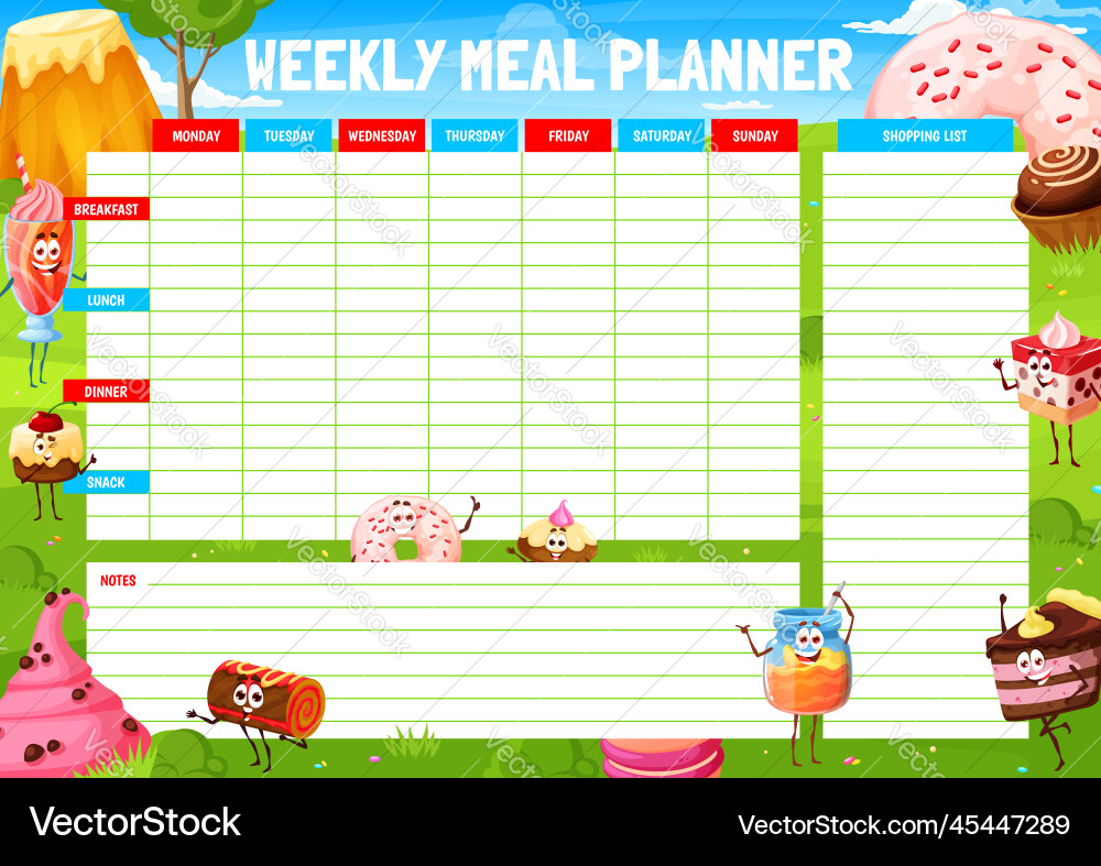 Weekly meal planner cartoon pastry characters Vector Image
