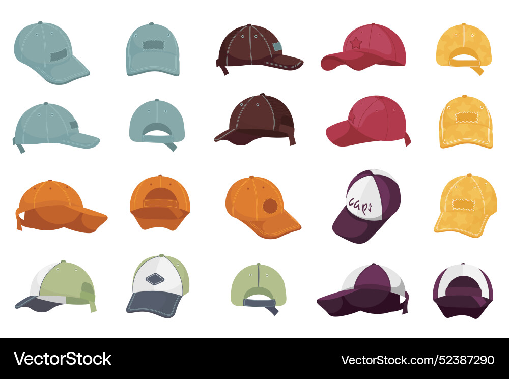 Baseball caps mega set elements in flat cartoon Vector Image